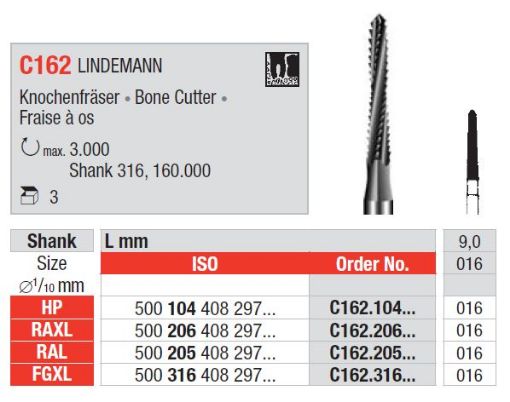 Kirurgisk bor C162 RAL 016, 3 stk. Lindemann ben freser- Dental Direct