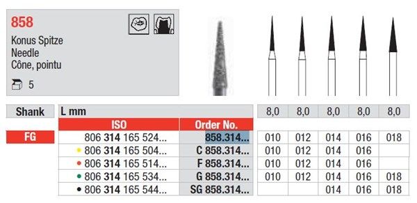 Diamant bor G858 FG 014, 5 stk. Nål, grov, grønn ring- Dental Direct