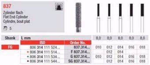 Diamant bor F837 FG 012, 5 stk. Sylinder flat kant rød ring- Dental Direct